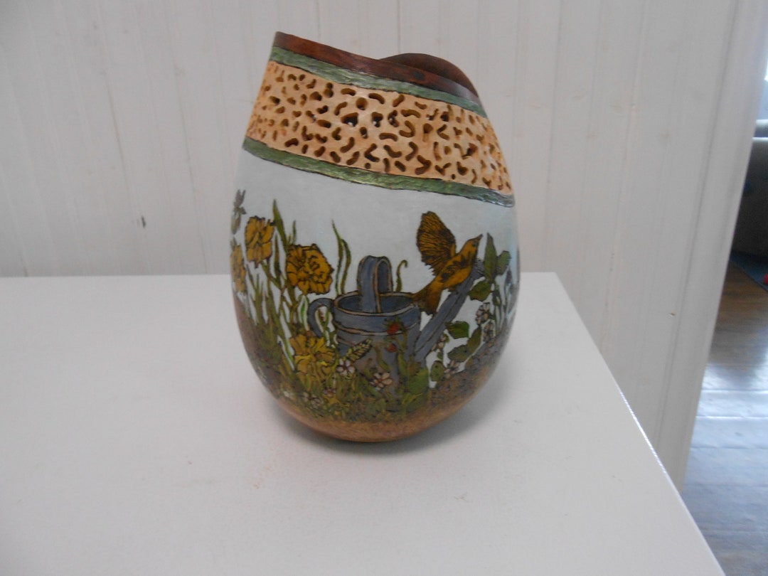 Spring Flower Garden Art Gourd With Bunnies Animals Birds OOAK Wood ...