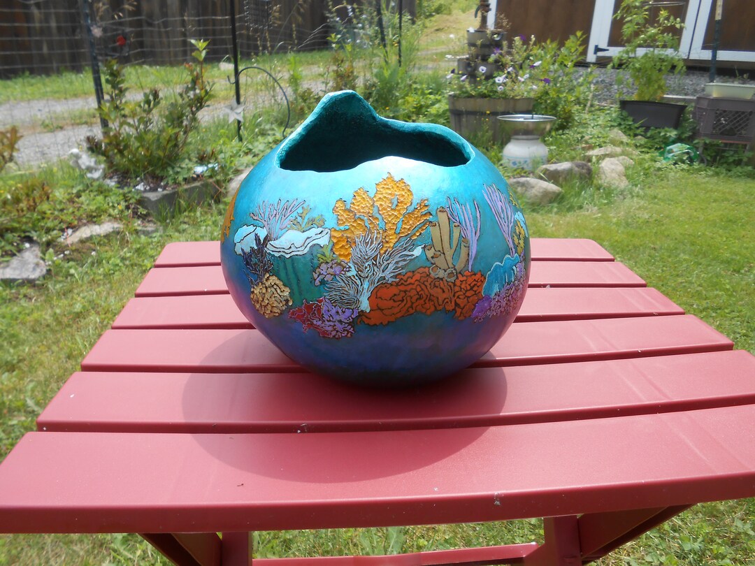Coral Reef Art Gourd Metallic Paints Dyes OOAK Carved Stippled Sea Life ...
