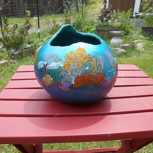 Coral Reef Art Gourd Metallic Paints Dyes OOAK Carved Stippled Sea Life ...