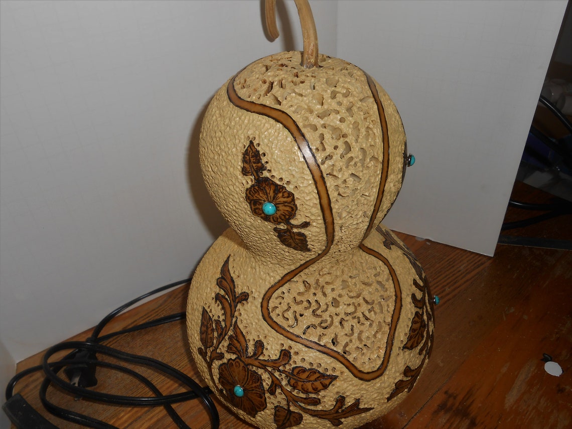 Luminary Art Gourd Stippled Carved Dyed Painted OOAK Unique Turquoise ...