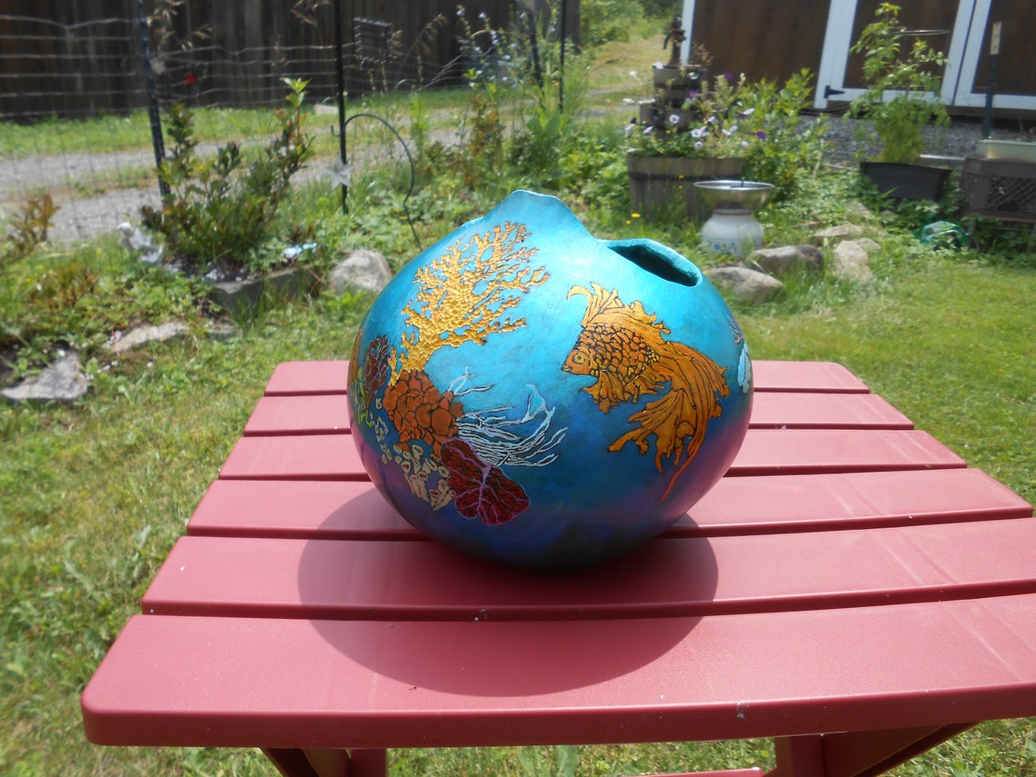 Coral Reef Art Gourd Metallic Paints Dyes OOAK Carved Stippled Sea Life ...