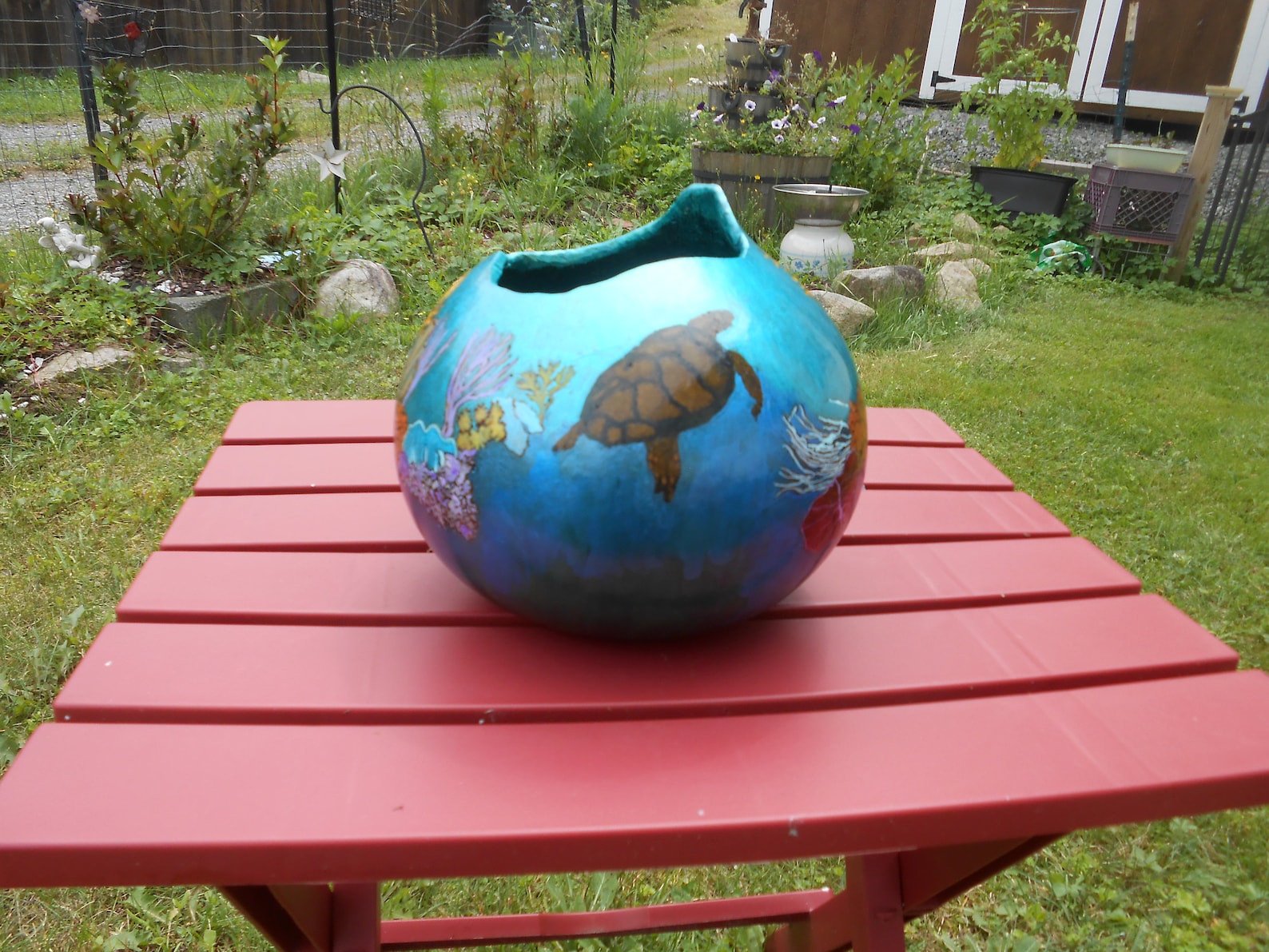 Coral Reef Art Gourd Metallic Paints Dyes OOAK Carved Stippled Sea Life ...