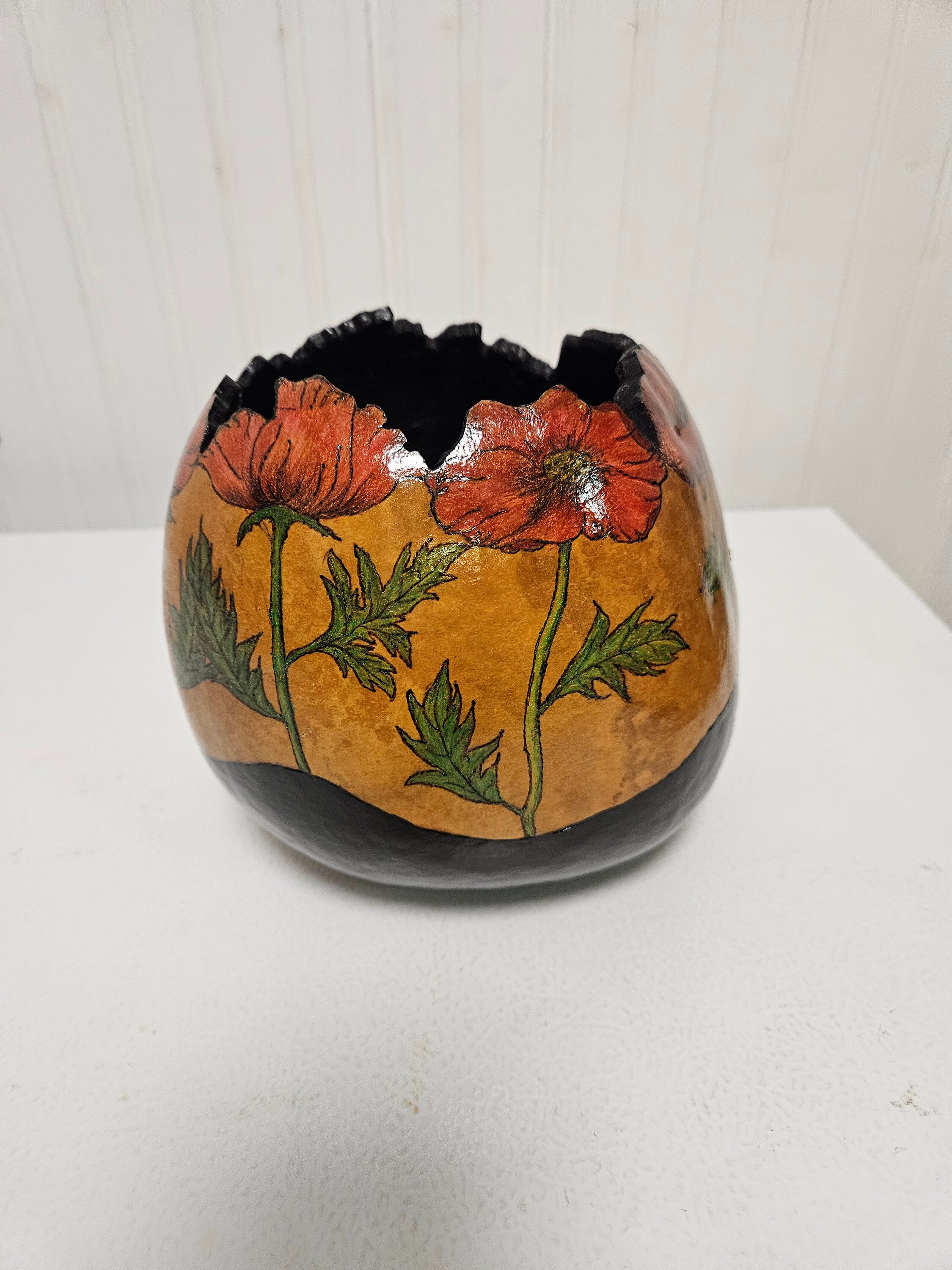 Carved Poppies Art Gourd OOAK Unique Poppy Carved Cut Wood Burned ...