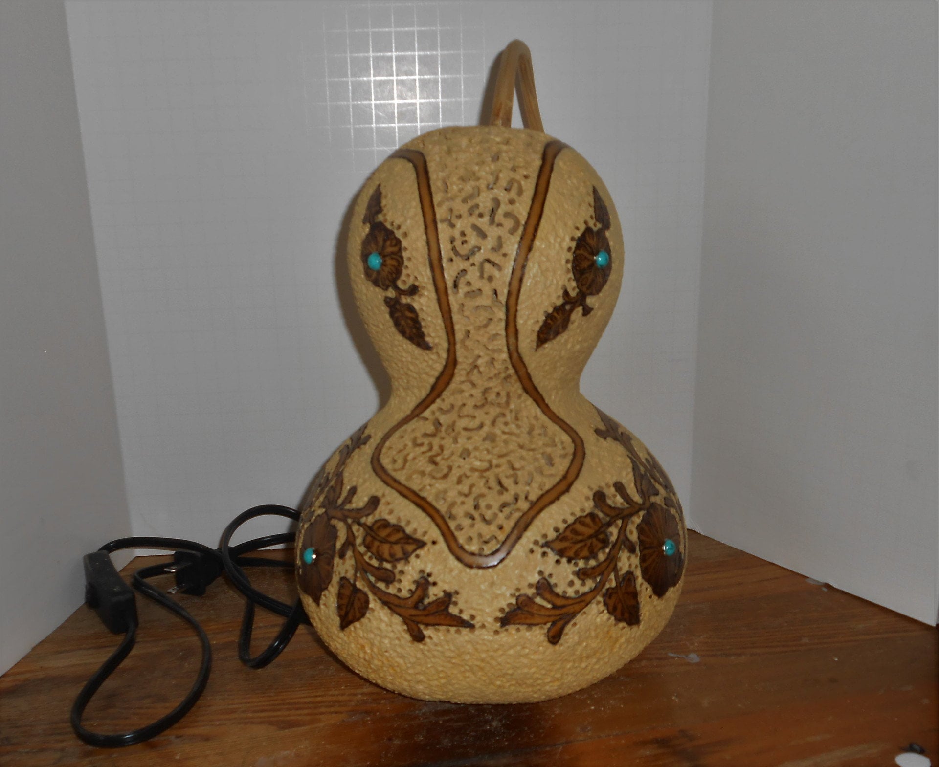 Luminary Art Gourd Stippled Carved Dyed Painted OOAK Unique Turquoise ...