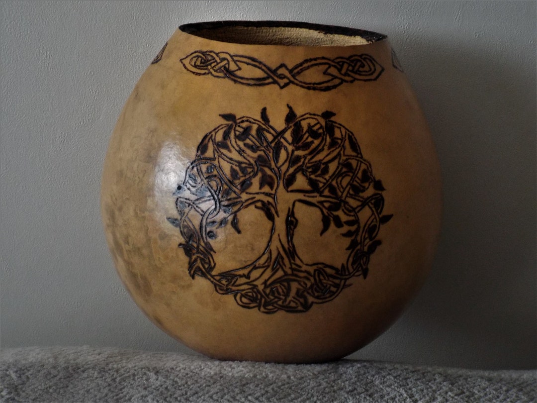 Tree of Life Woodburned Pyrography Woodburning Gourd Natural Coloring ...