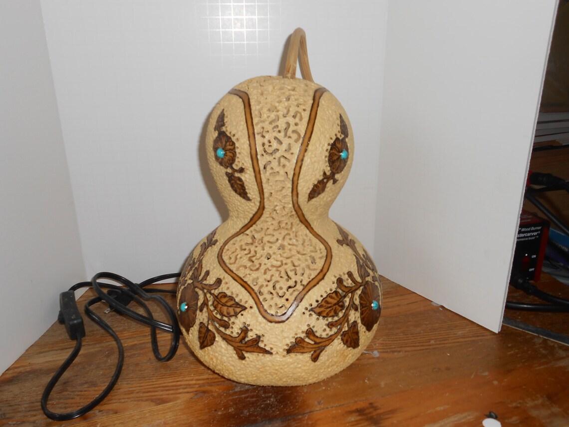 Luminary Art Gourd Stippled Carved Dyed Painted OOAK Unique Turquoise ...