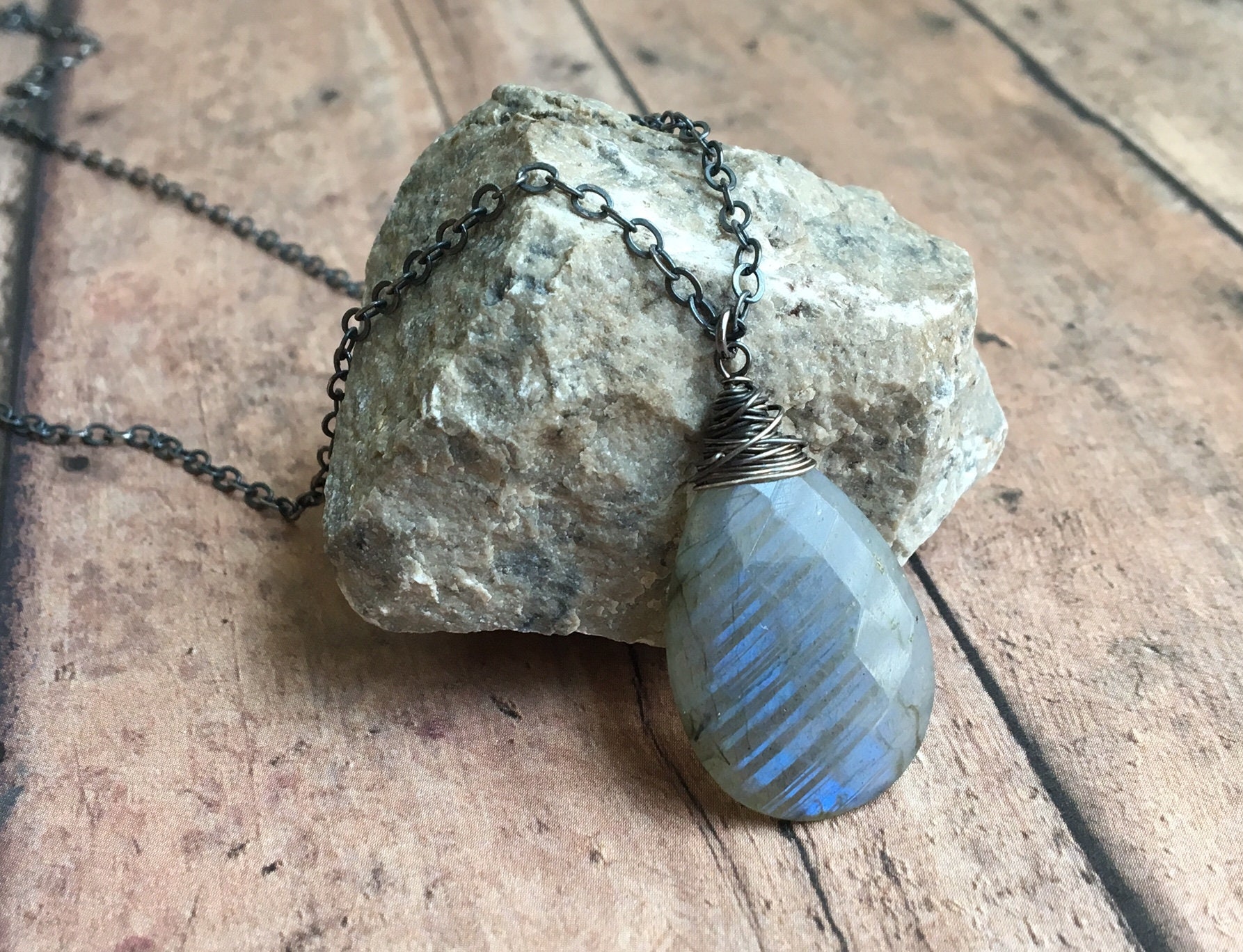 Large Labradorite Necklace. Sterling Silver Necklace. Blue Flash ...