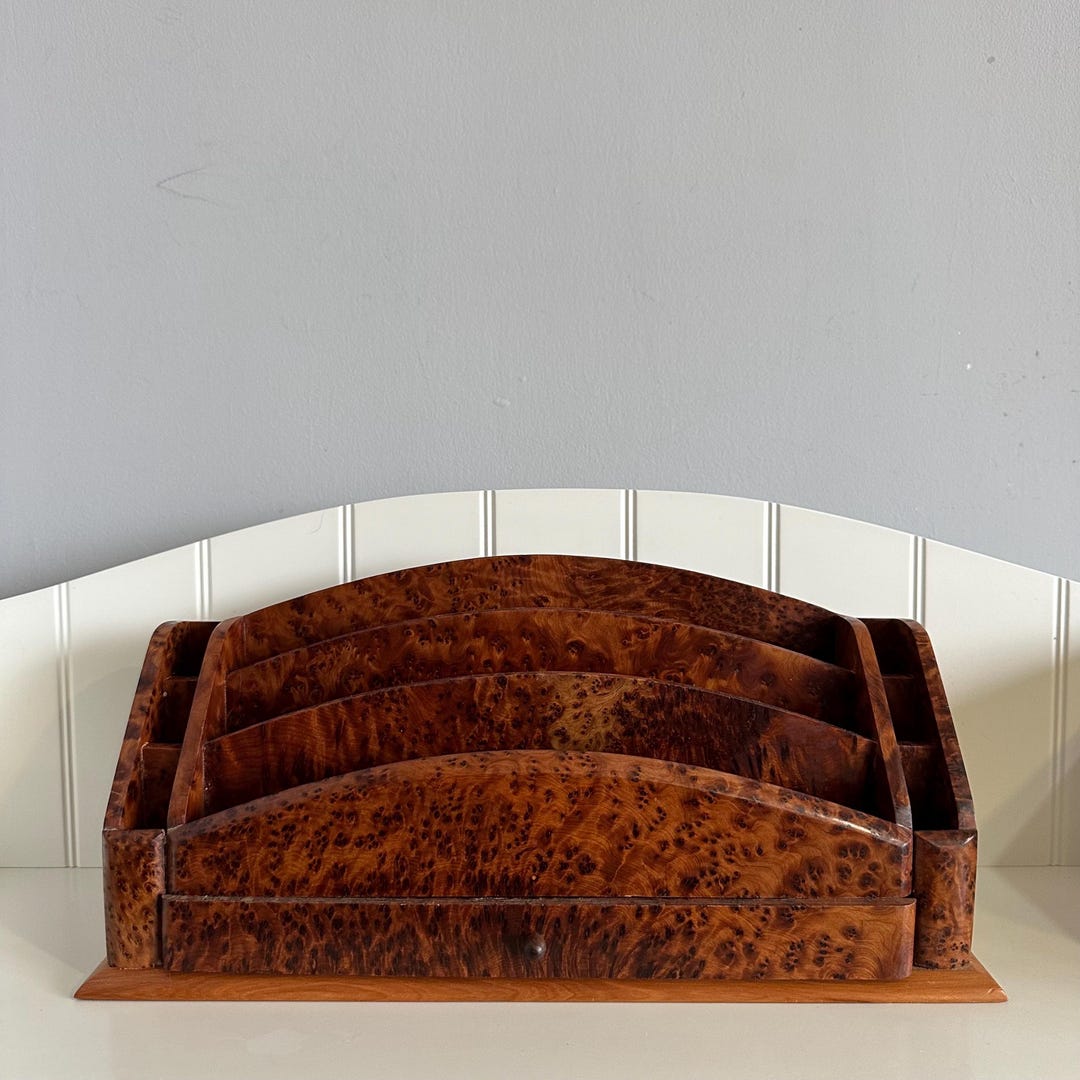 Vintage Burl Wood Wooden Letter Organiser Holder Rack With Drawer ...