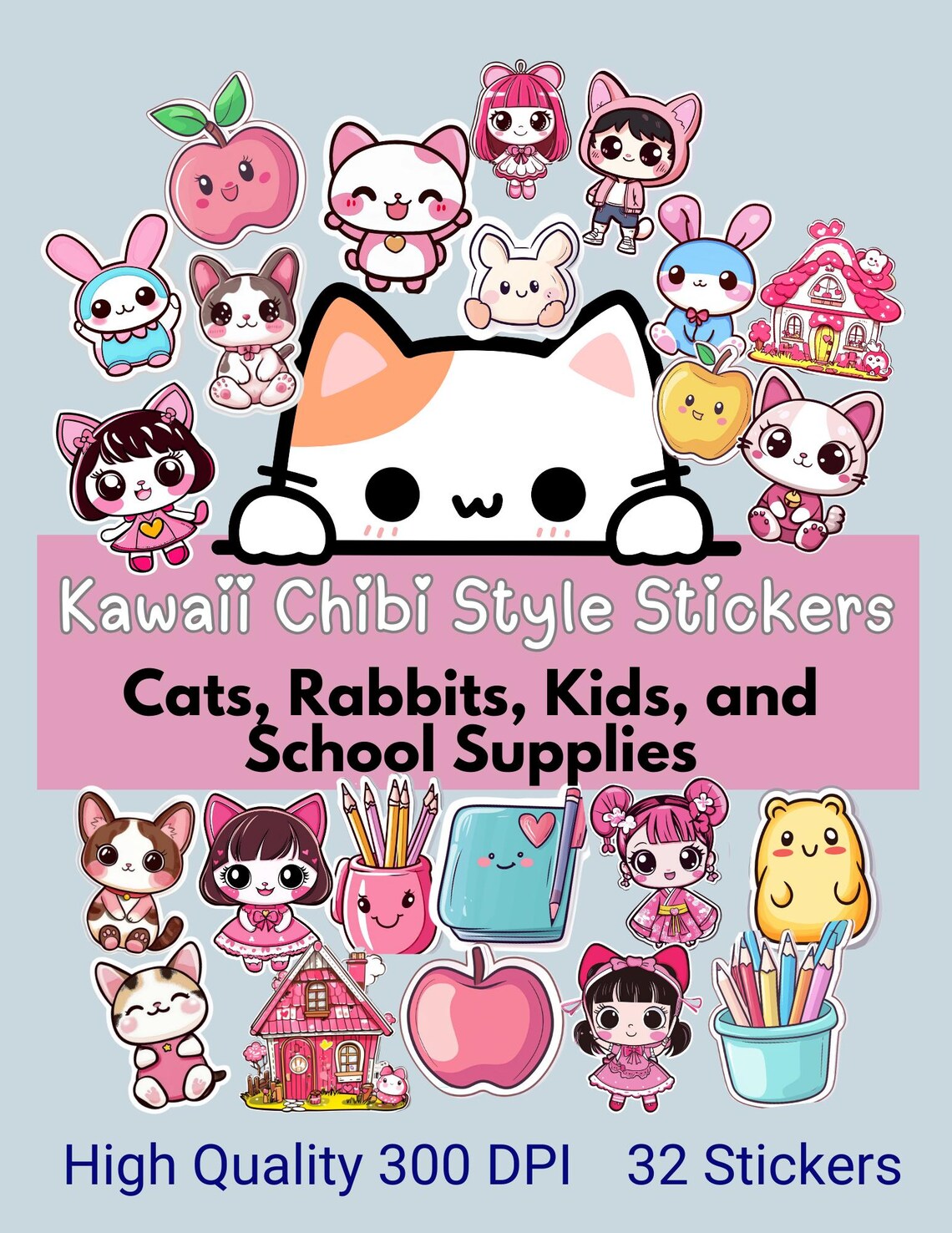 Kawaii Chibi Printable Sticker Set 32-pack - Etsy