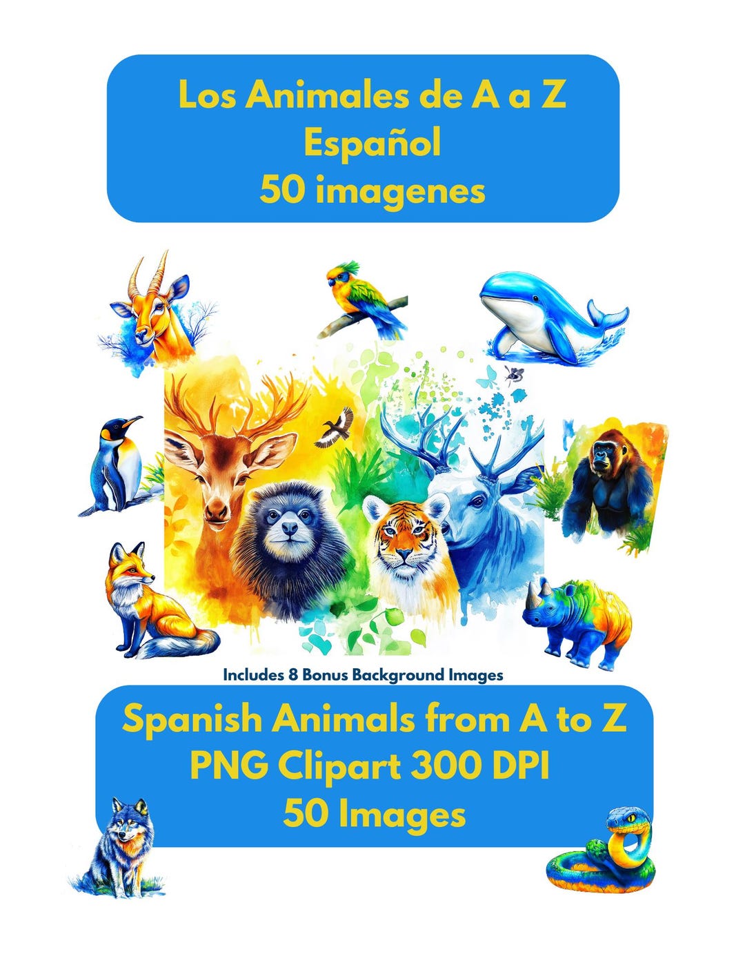 Clip Art Spanish Animal Names From A to Z, Bright Primary Colors - Etsy