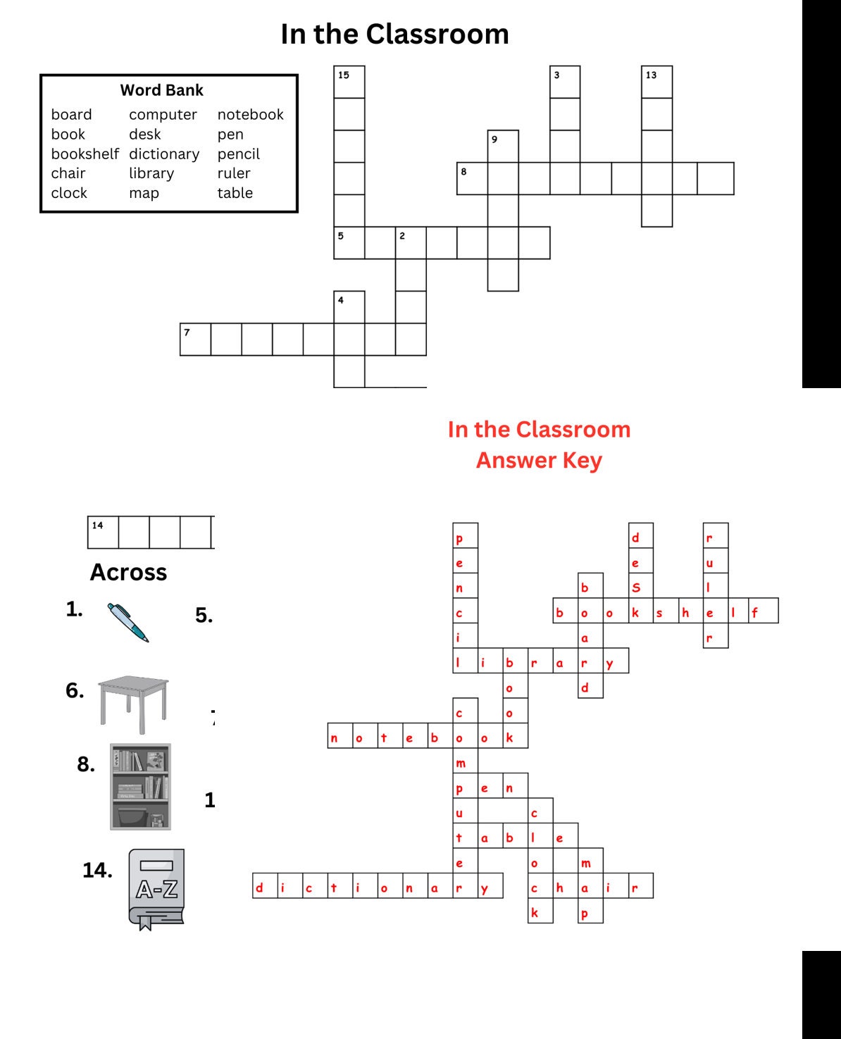 Classroom Objects Crossword - Etsy