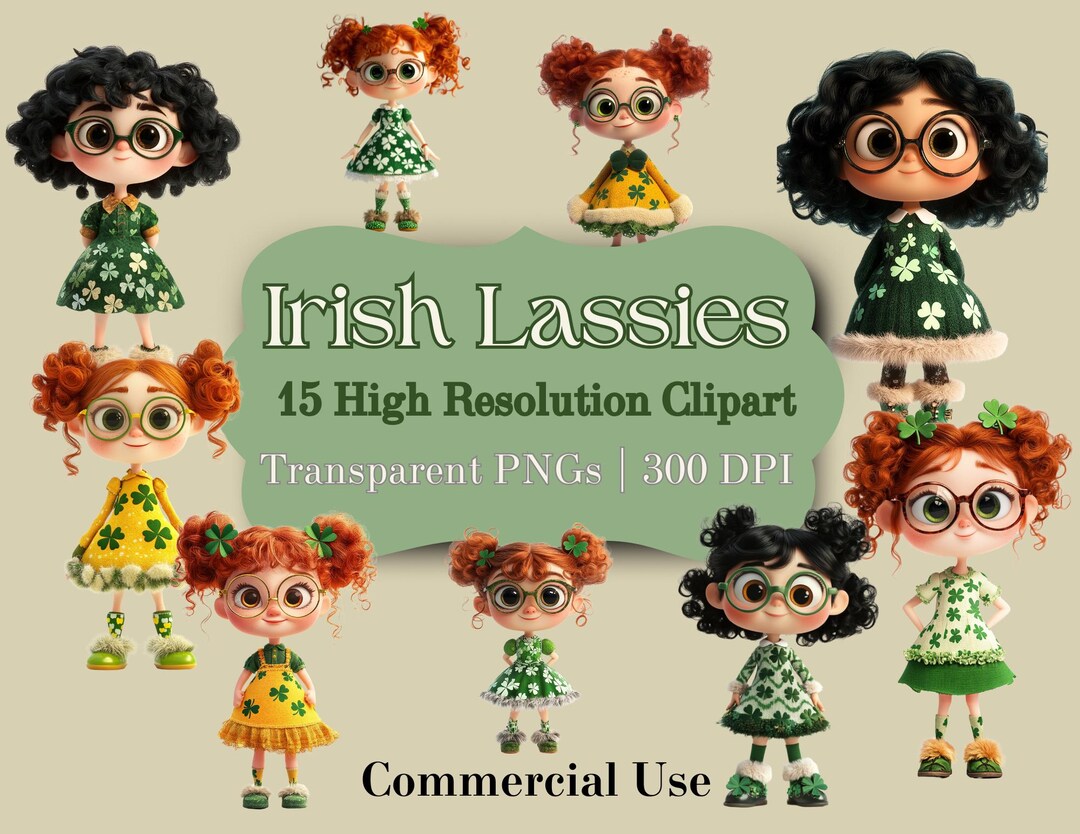 15-pack Irish Cartoon Lassies Clipart – St. Patrick’s Day Digital Pngs ...