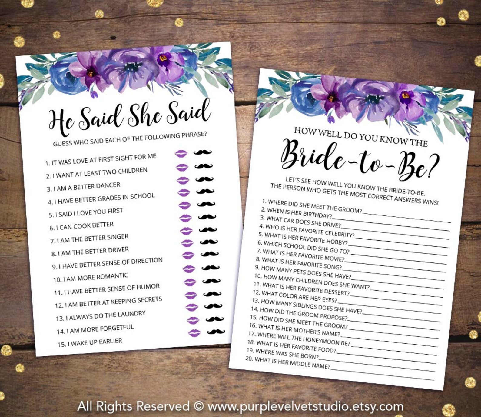 Printable Purple Floral Bridal Shower Games Package | Etsy
