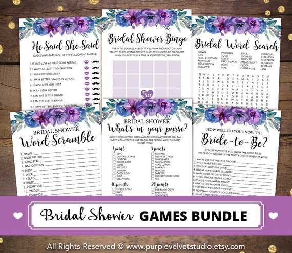 Printable Purple Floral Bridal Shower Games Package - Etsy