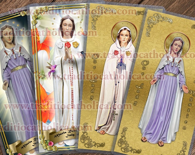 Maria Rosa Mystica Laminated Catholic Holy Cards. Mystical Rose Statue ...