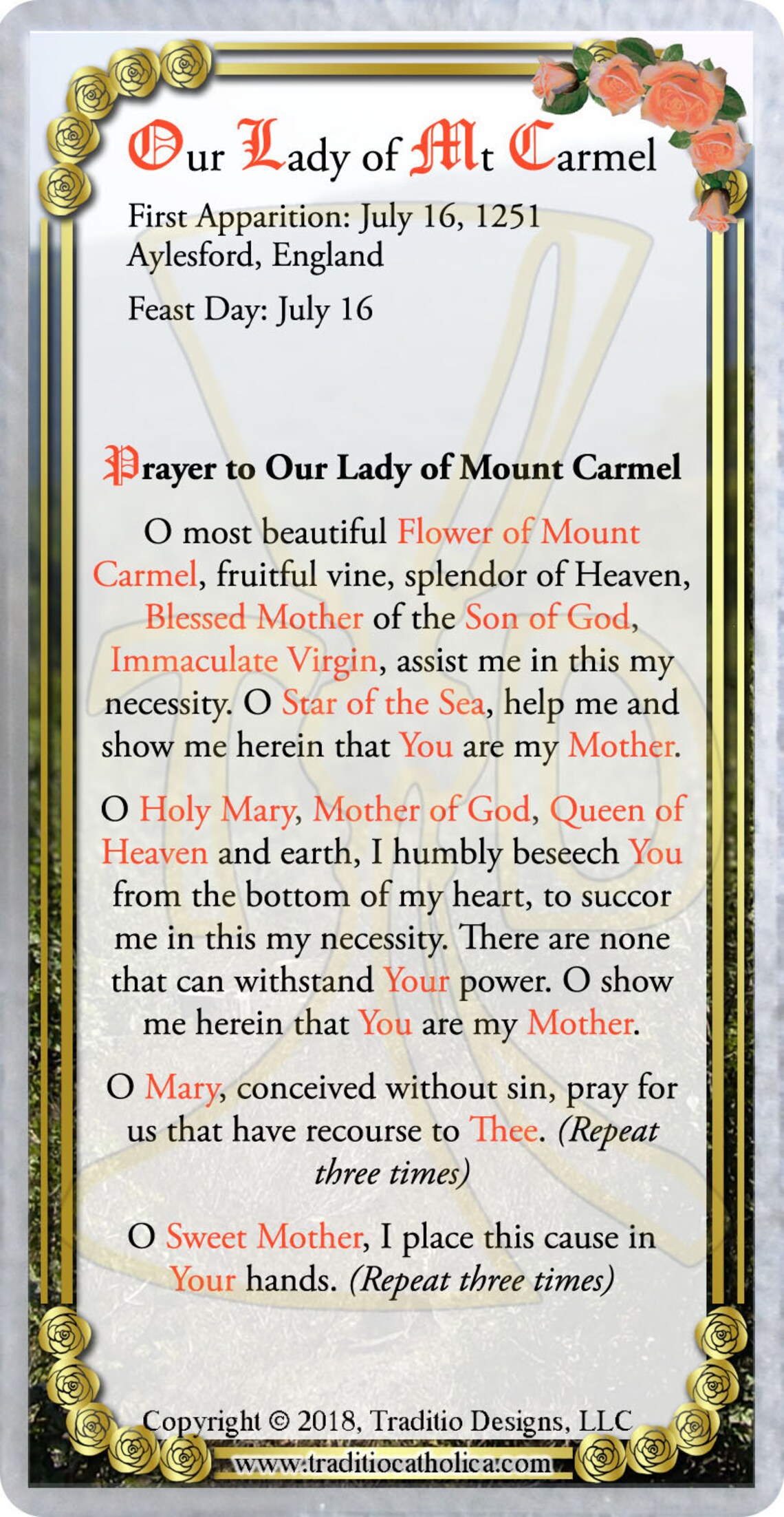 Our Lady of Mt Mount Carmel Laminated Catholic Holy Card. Our | Etsy