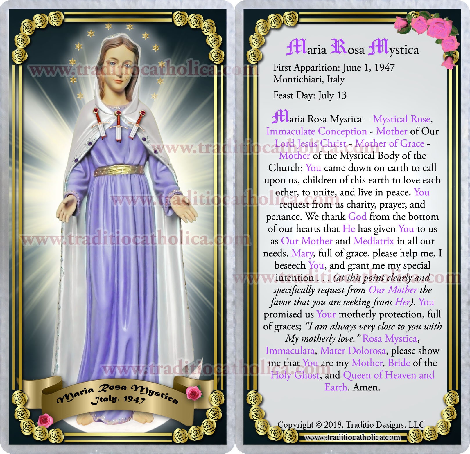 Maria Rosa Mystica Laminated Catholic Holy Cards. Mystical Rose Statue ...