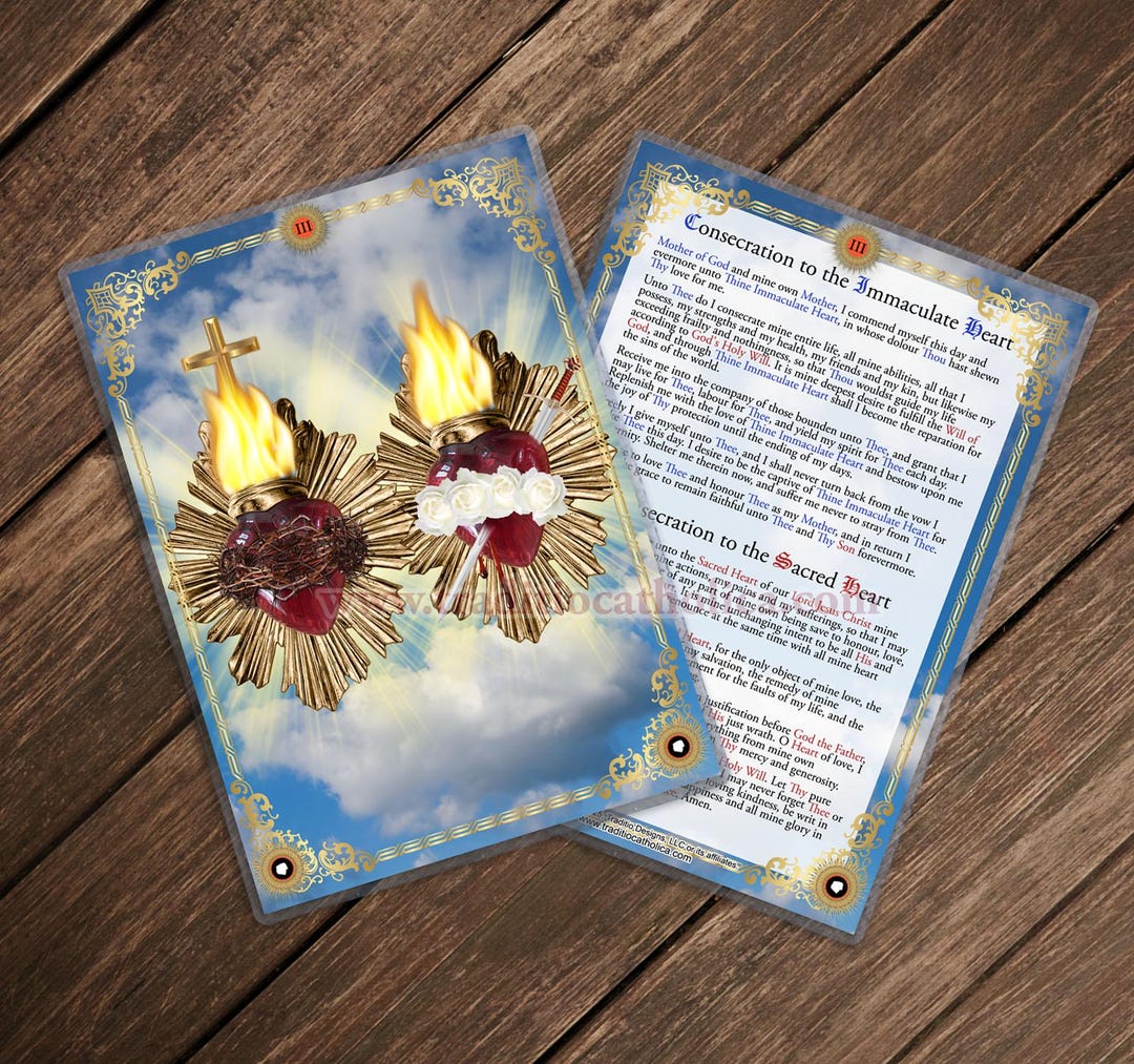 Two Hearts Relic Consecration Prayer Card. Sacred Heart & Immaculate ...