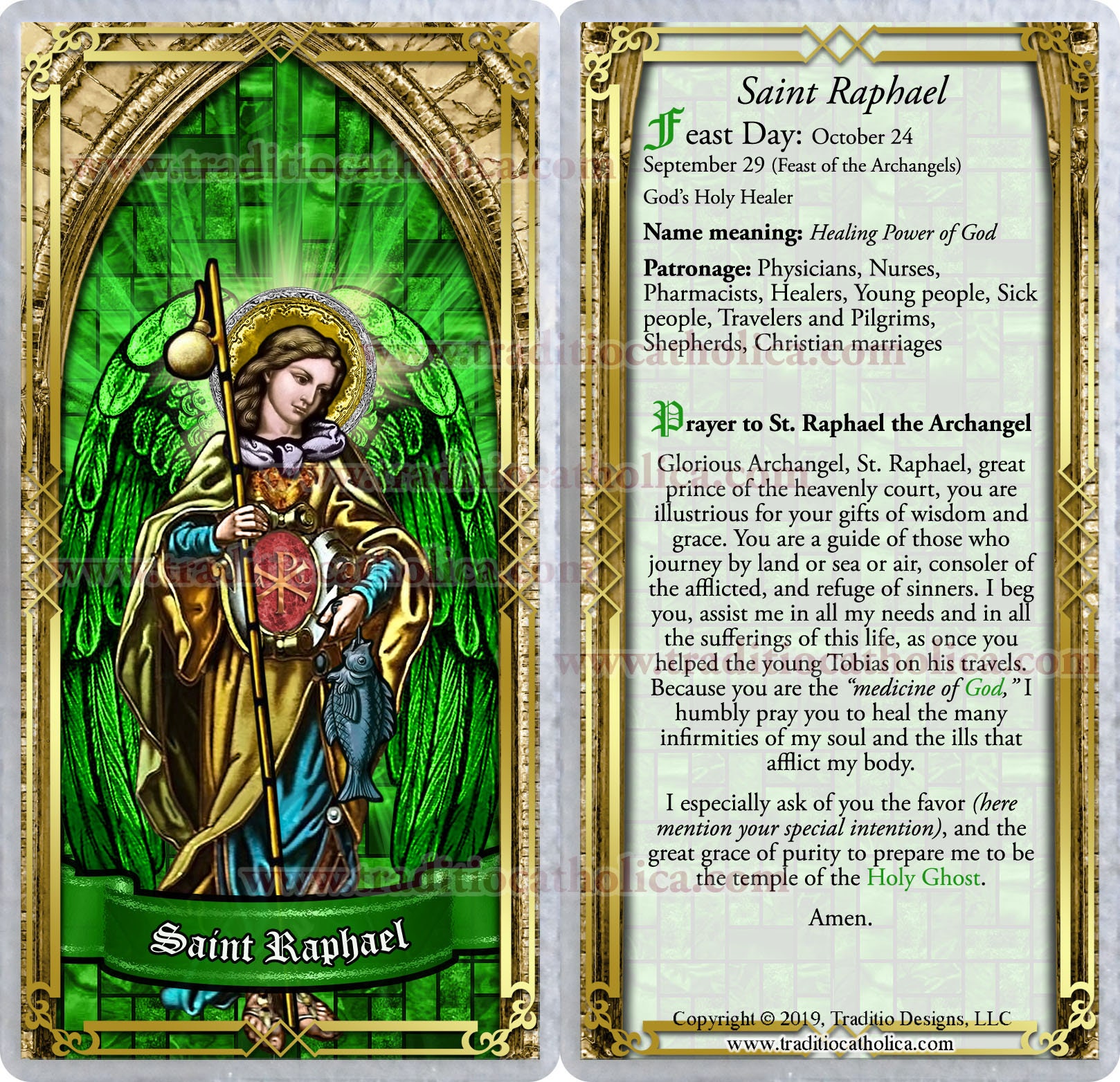 St. Saint Raphael Archangel Laminated Holy Prayer Cards. Stained Glass ...