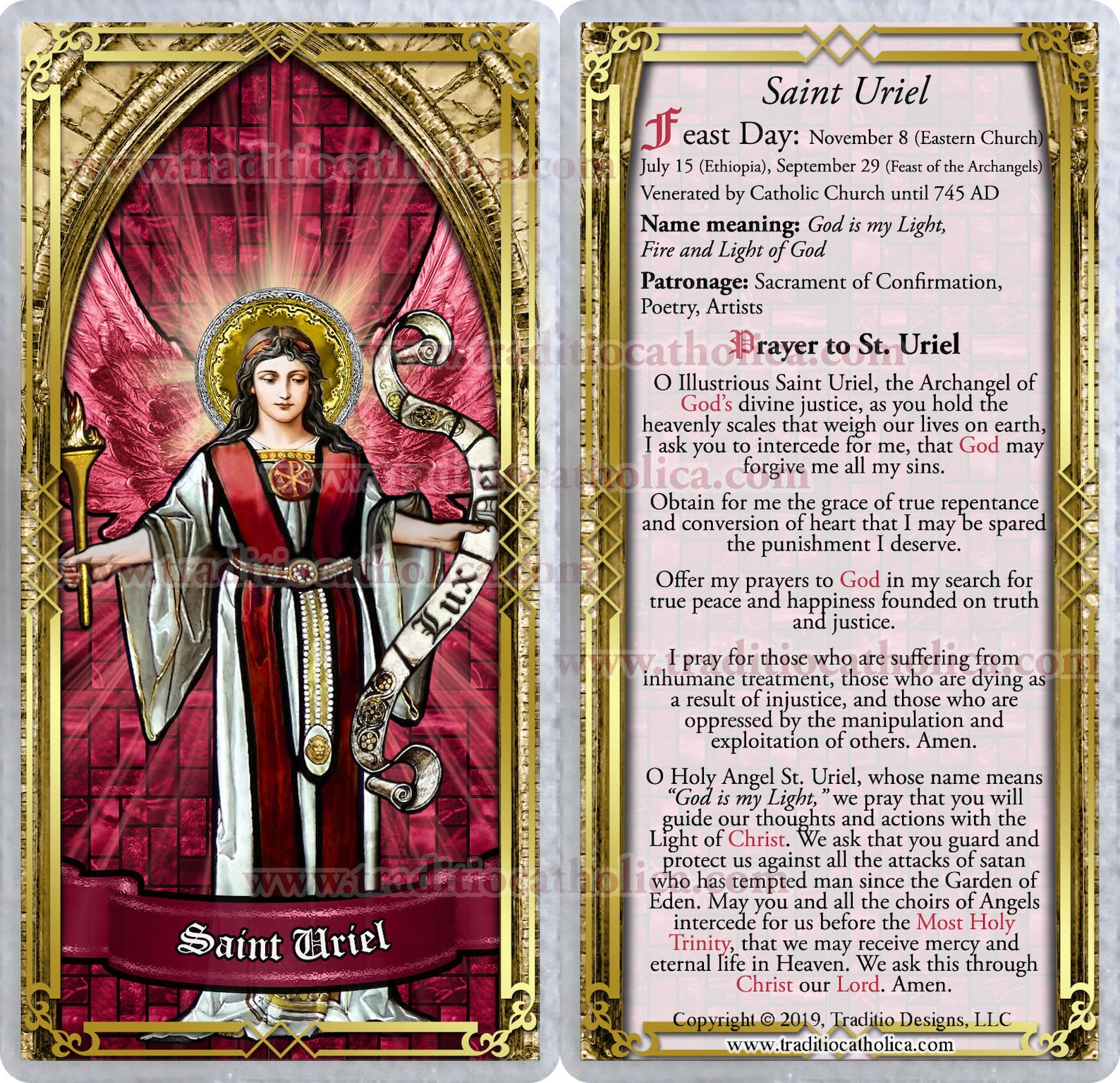 St. Saint Uriel Archangel Laminated Holy Prayer Cards. Stained Glass ...