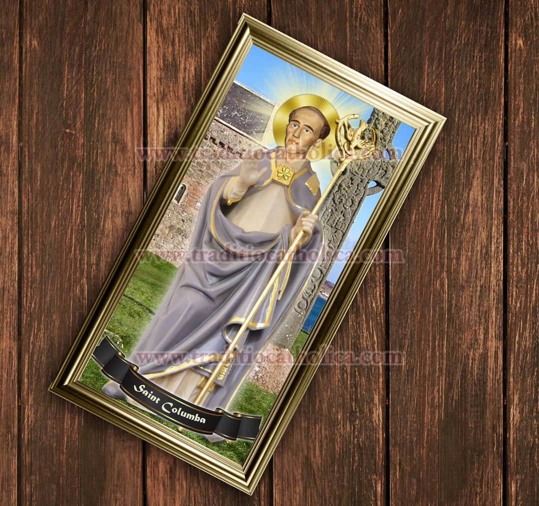 Saint Columba of Iona Handcrafted Statue Framed Prints. 7x14 Size. St ...