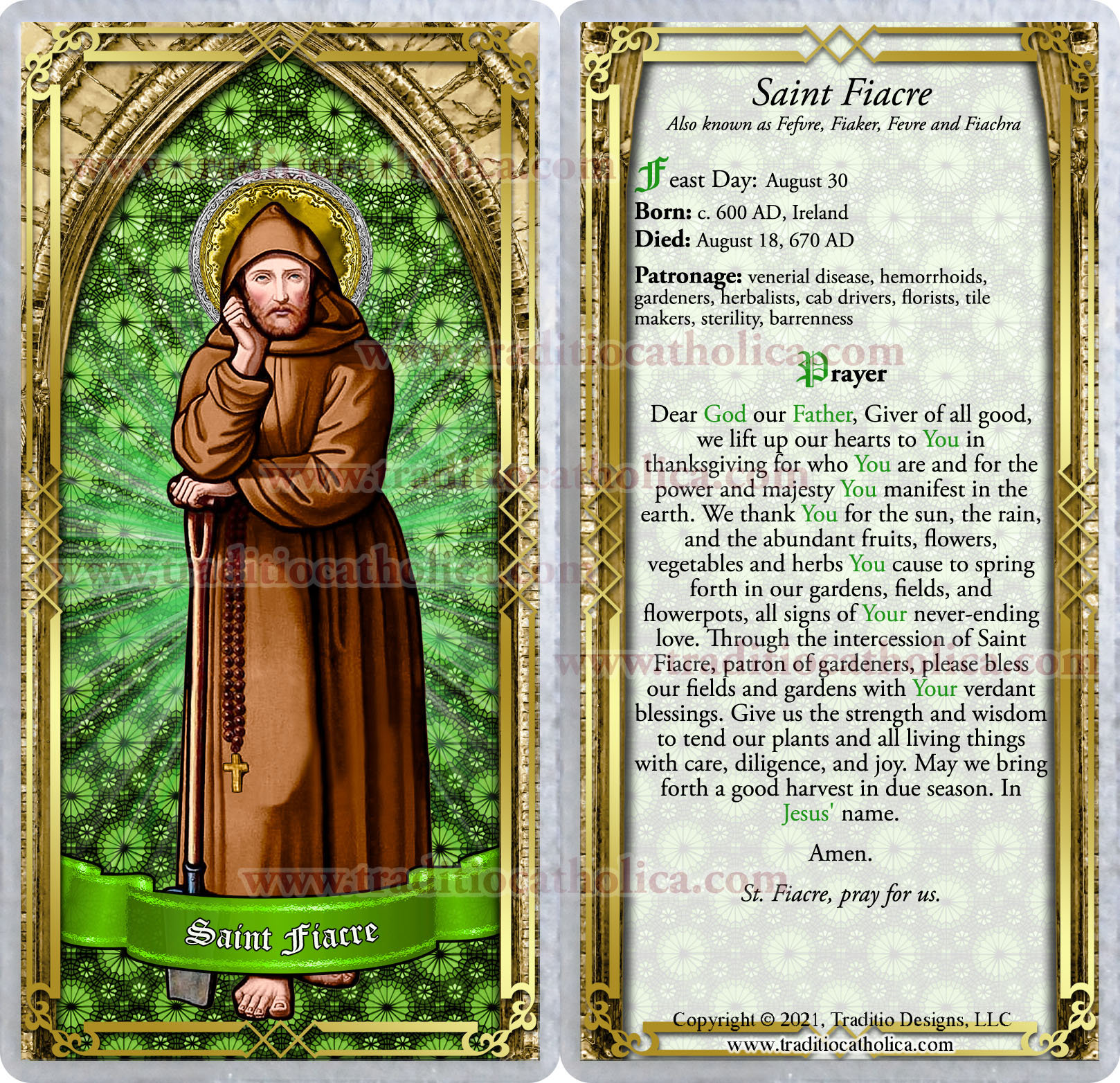 Saint Fiacre, Patron of Gardeners and Hemorrhoids Laminated Prayer Card ...
