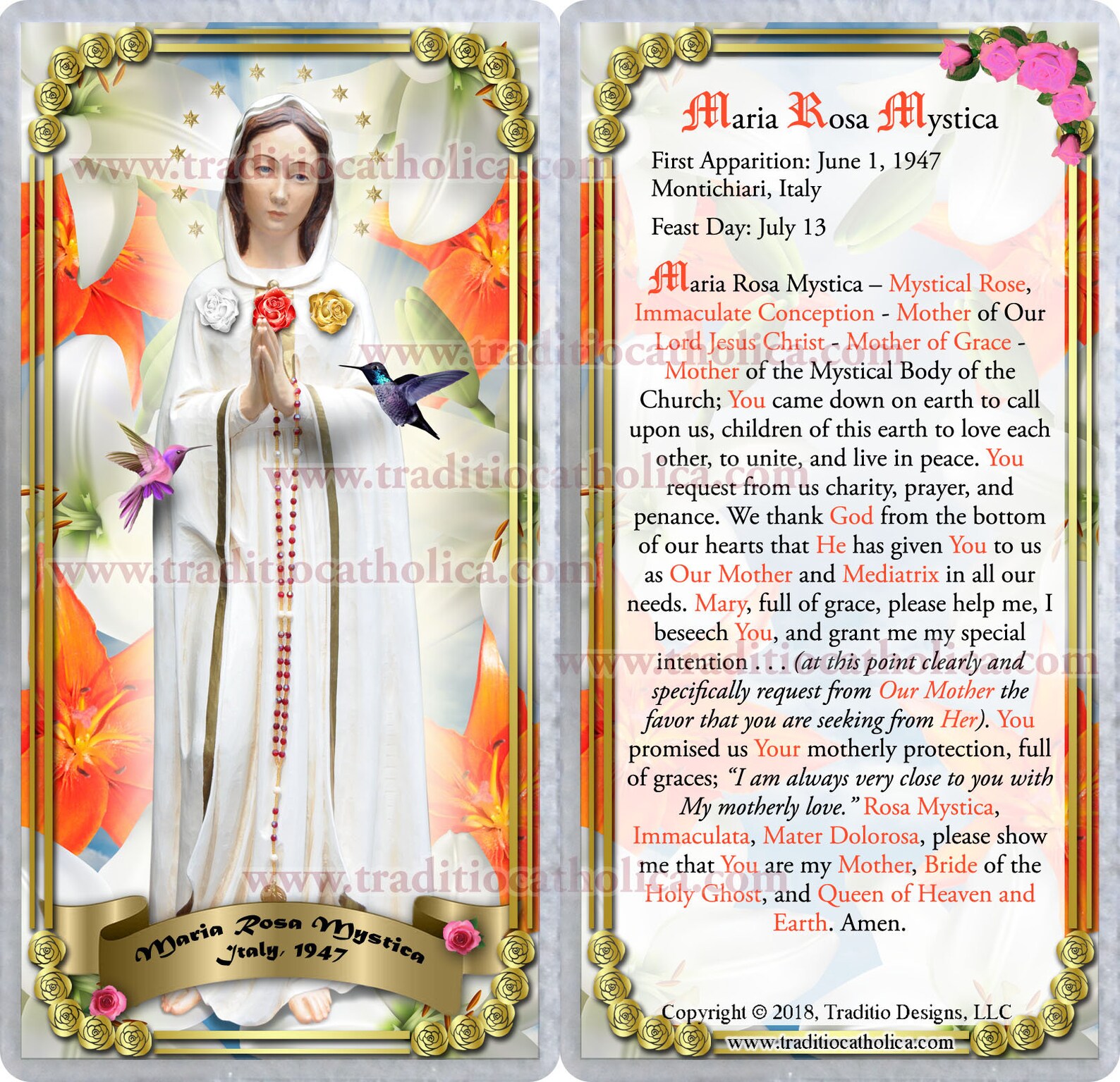Maria Rosa Mystica Laminated Catholic Holy Cards. Mystical Rose Statue ...