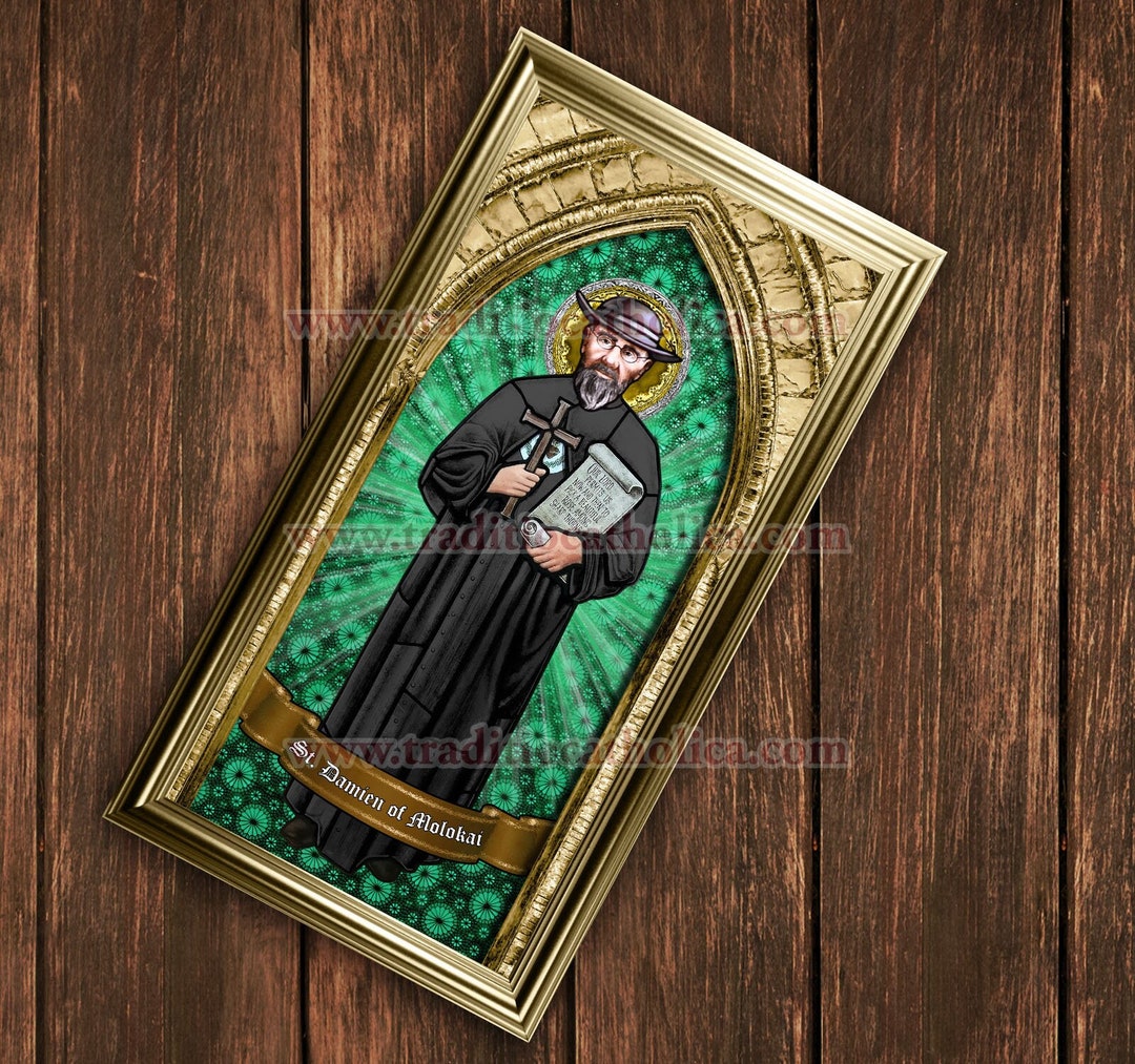 Saint Damien of Molokai Stained Glass Handcrafted Framed Print. 7x14 ...