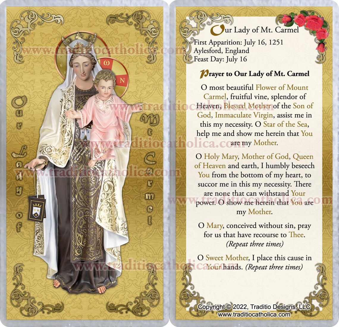 Our Lady of Mt Mount Carmel Laminated Catholic Holy Cards. Our Lady of ...