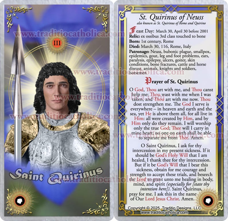 Saint St Quirinus of Neuss, Laminated Prayer Card. St Quirinus Statue ...
