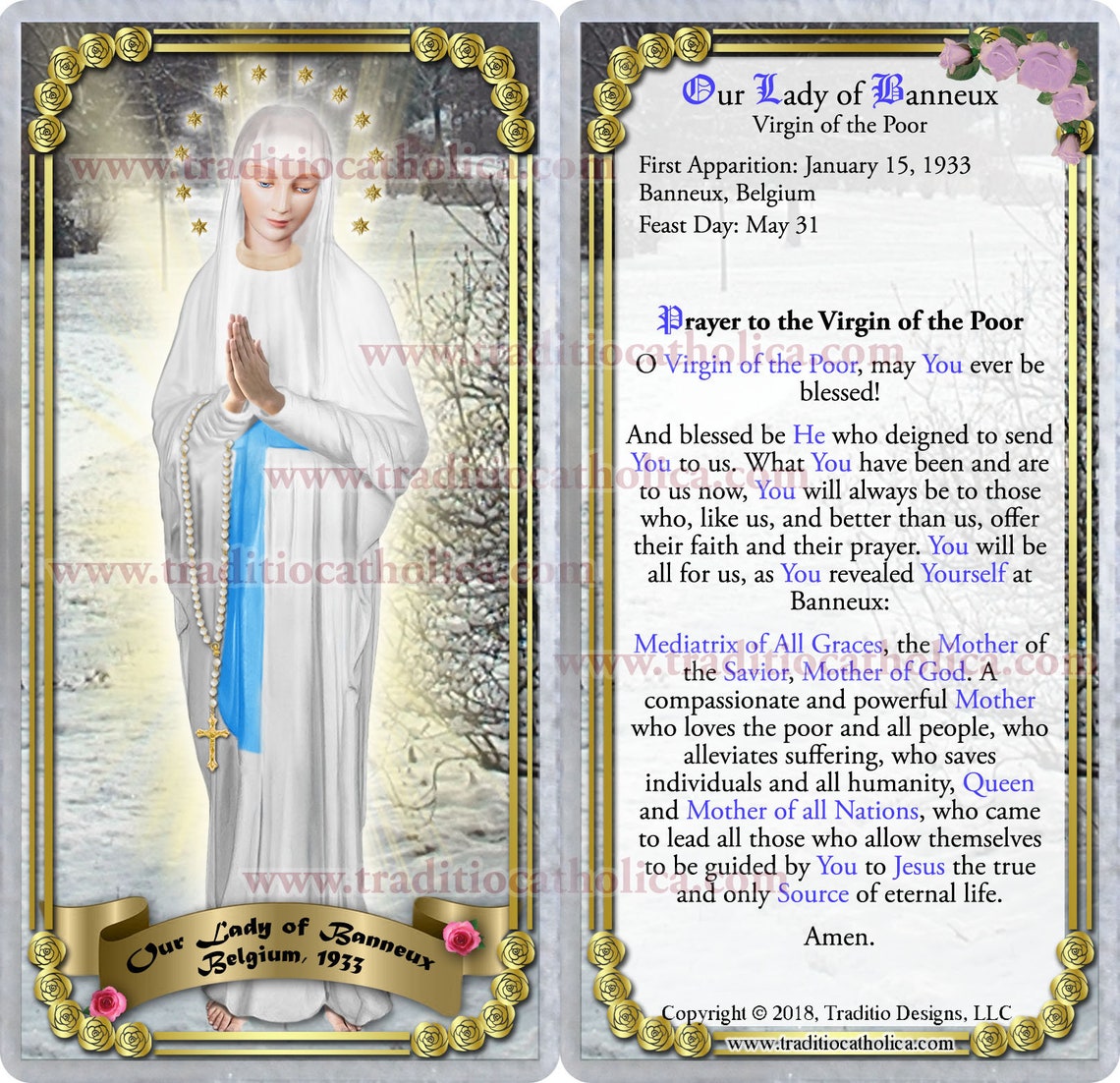 Our Lady of Banneux, Belgium, Virgin of the Poor Laminated Holy Prayer ...