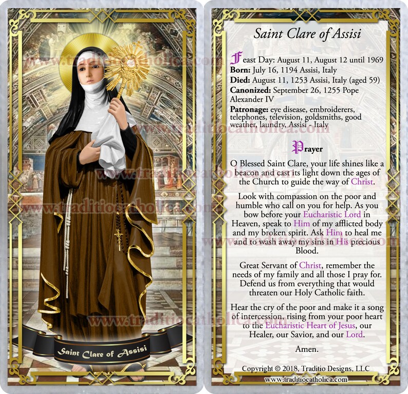 Saint Clare of Assisi, Italy Laminated Prayer Cards. St. Clare Statue ...