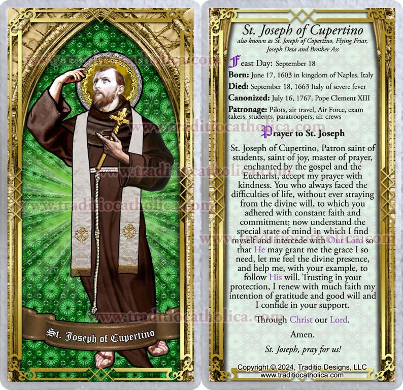 Saint Joseph of Cupertino Laminated Catholic Holy Prayer Cards. St ...