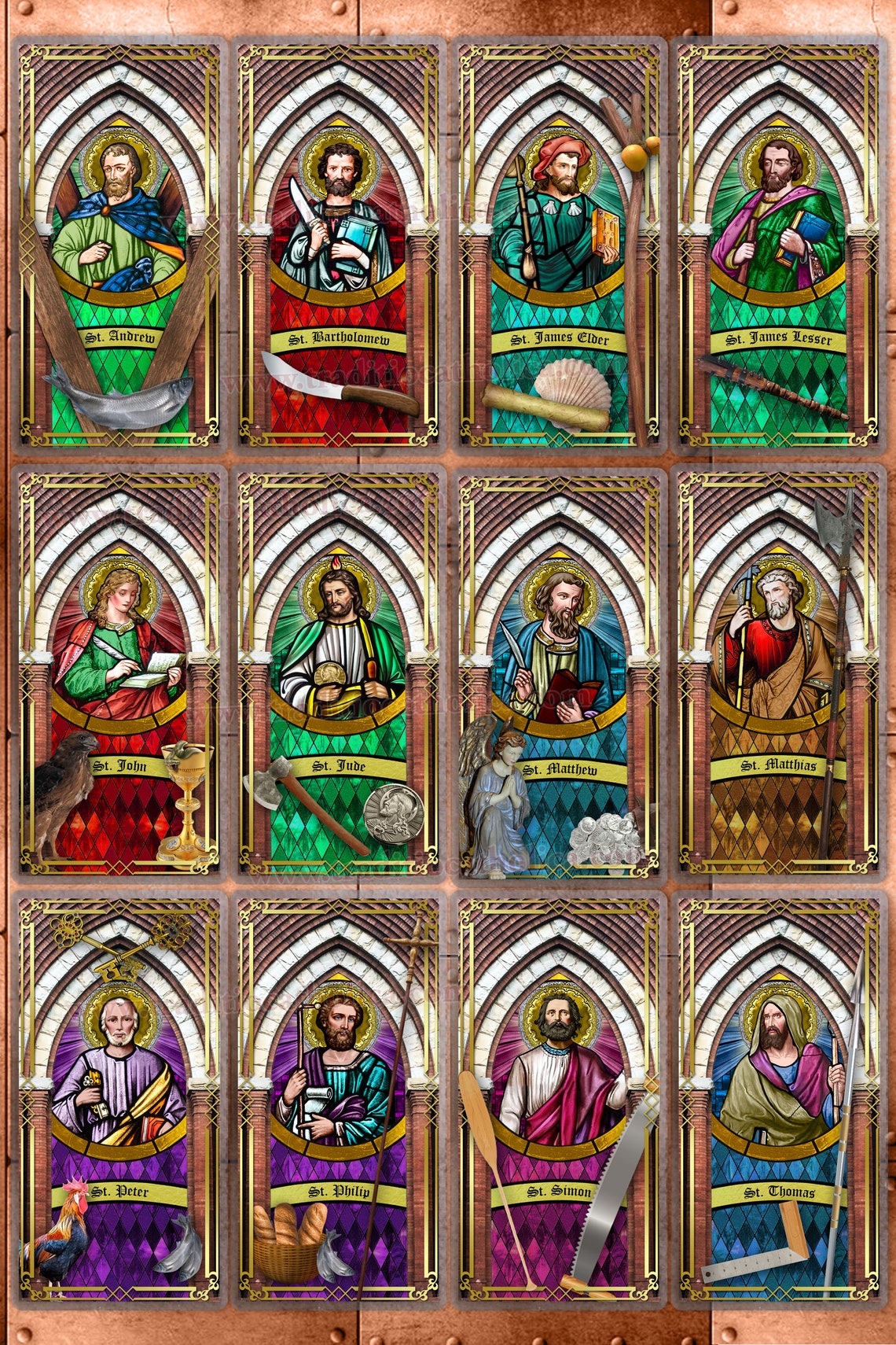 Twelve (12) Apostles Stained Glass Catholic Holy Prayer Card Gift Set ...