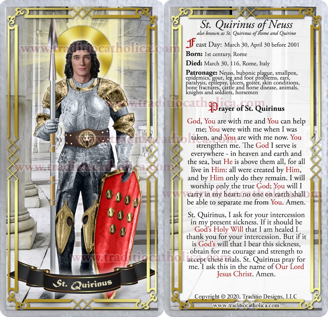 Saint St Quirinus of Neuss, Laminated Prayer Card. St Quirinus Statue ...