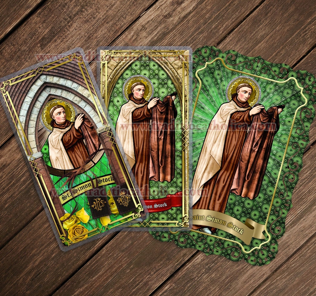 Saint Simon Stock of Brown Scapular, Stained Glass Laminated and Lace ...