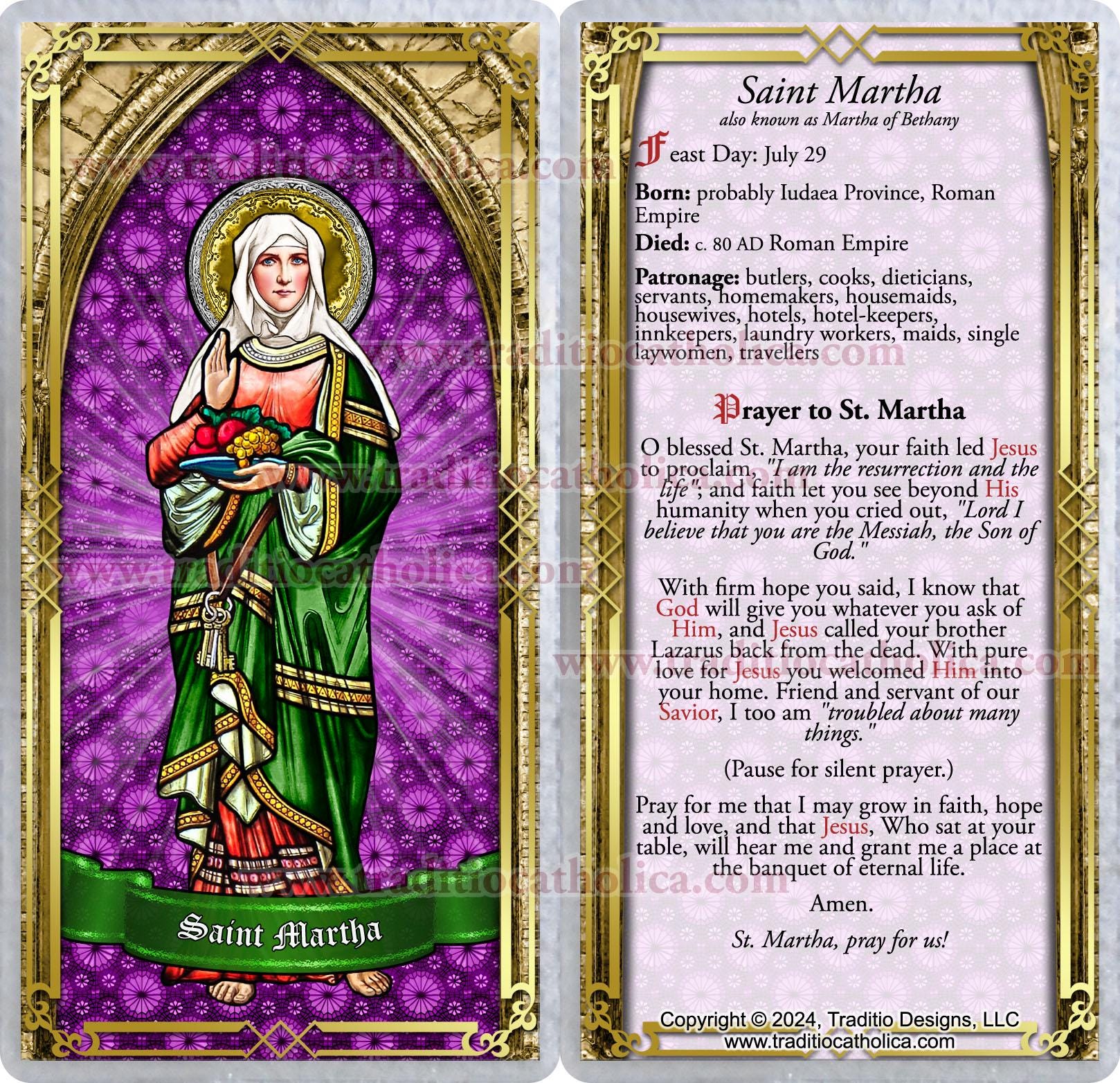 Saint Martha of Bethany Laminated Catholic Holy Prayer Cards. St ...