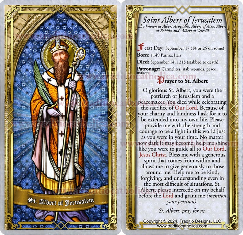 Saint Albert of Jerusalem Laminated Catholic Holy Prayer Cards. St ...
