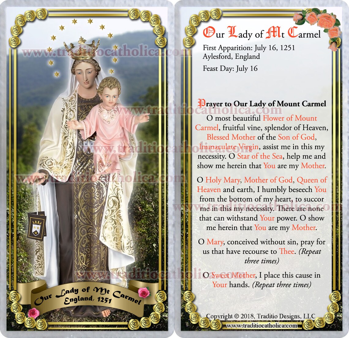 Our Lady of Mt Mount Carmel Laminated Catholic Holy Cards. Our Lady of ...