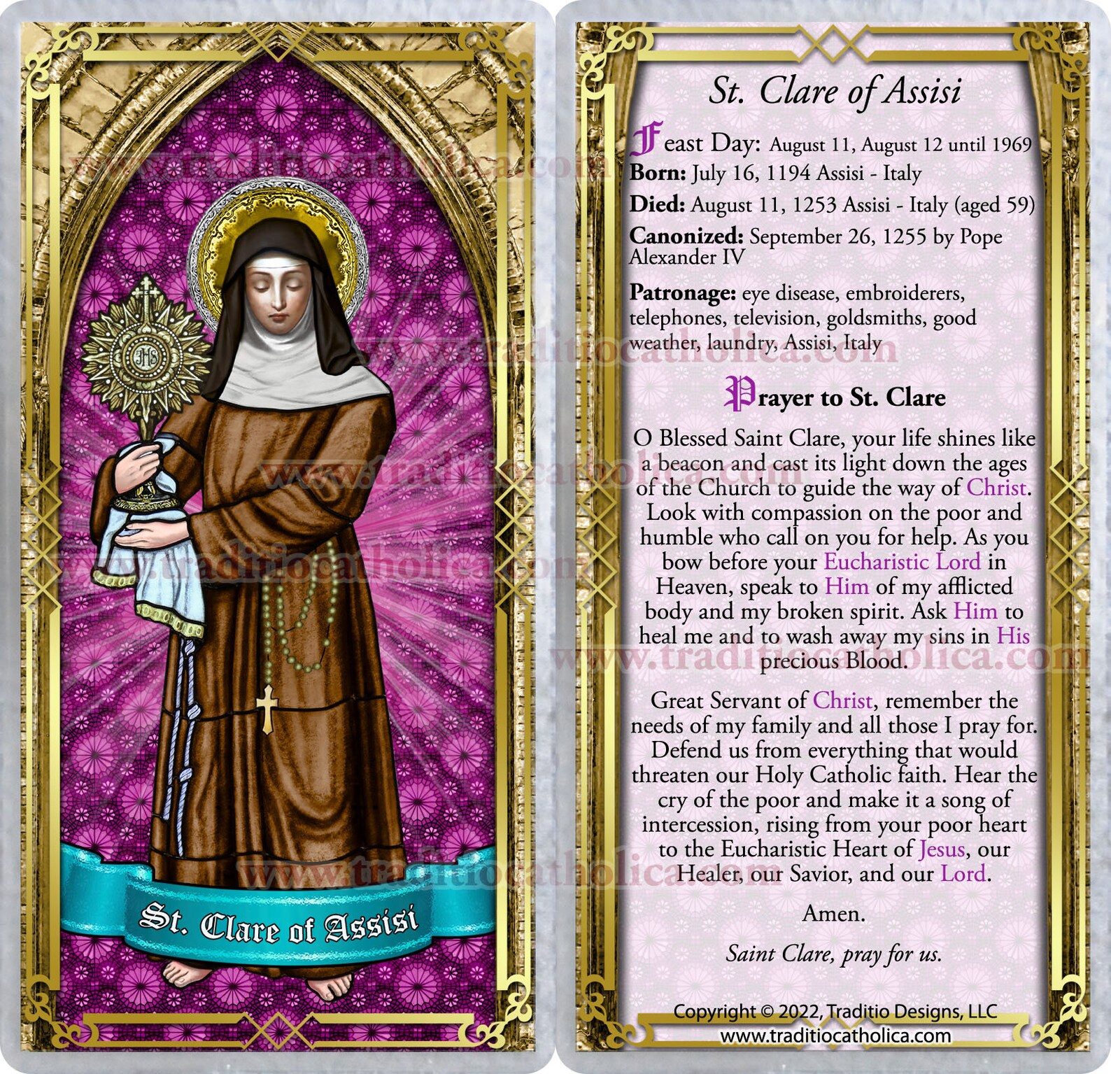 Saint Clare of Assisi Italy Laminated Prayer Cards. St. Clare - Etsy