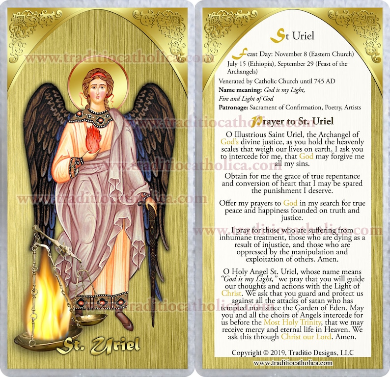 St. Saint Uriel Archangel laminated Holy Prayer cards. Stained | Etsy