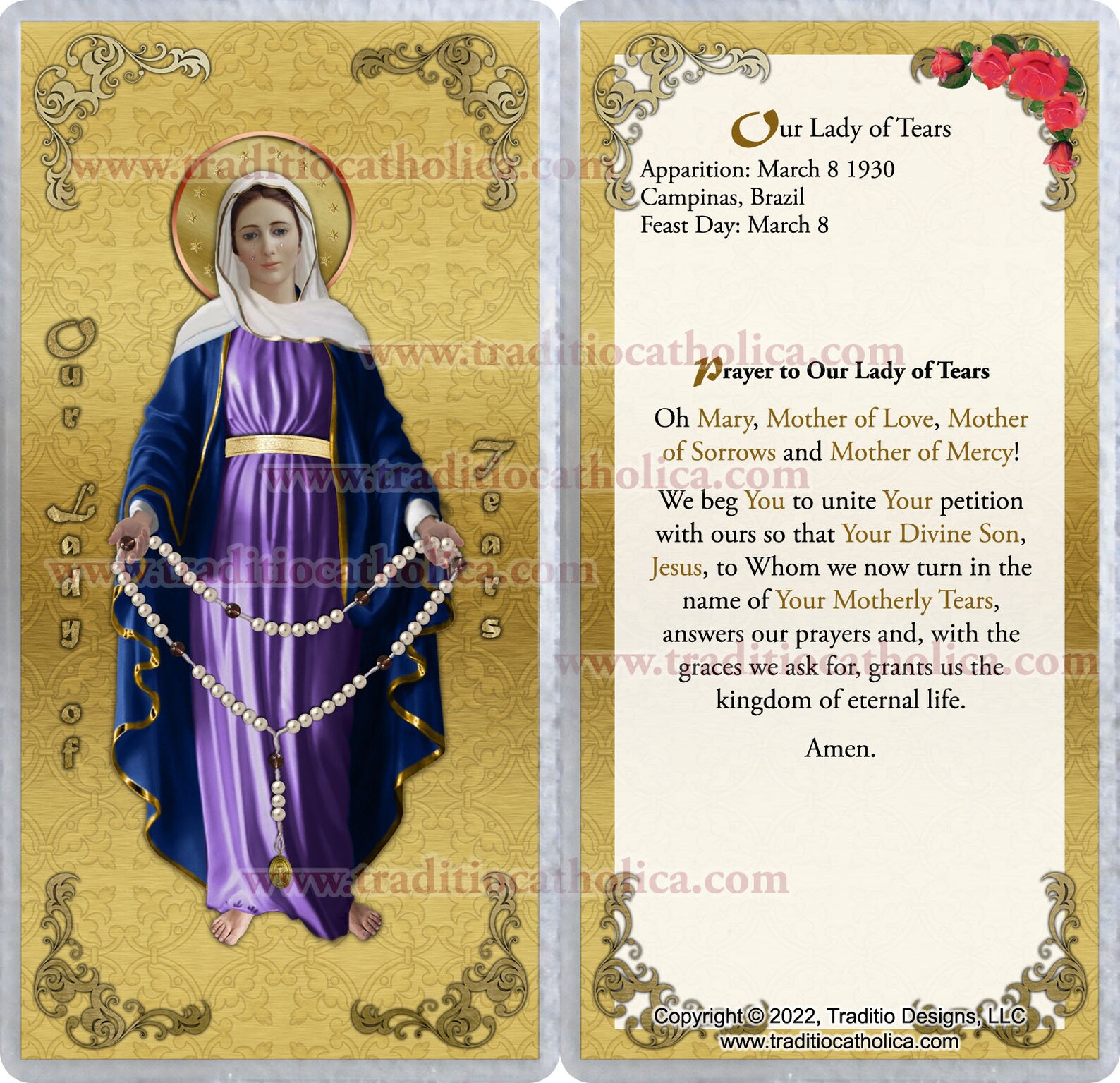 Our Lady of Tears, Brazil, Laminated Holy Prayer Cards. Our Lady of ...