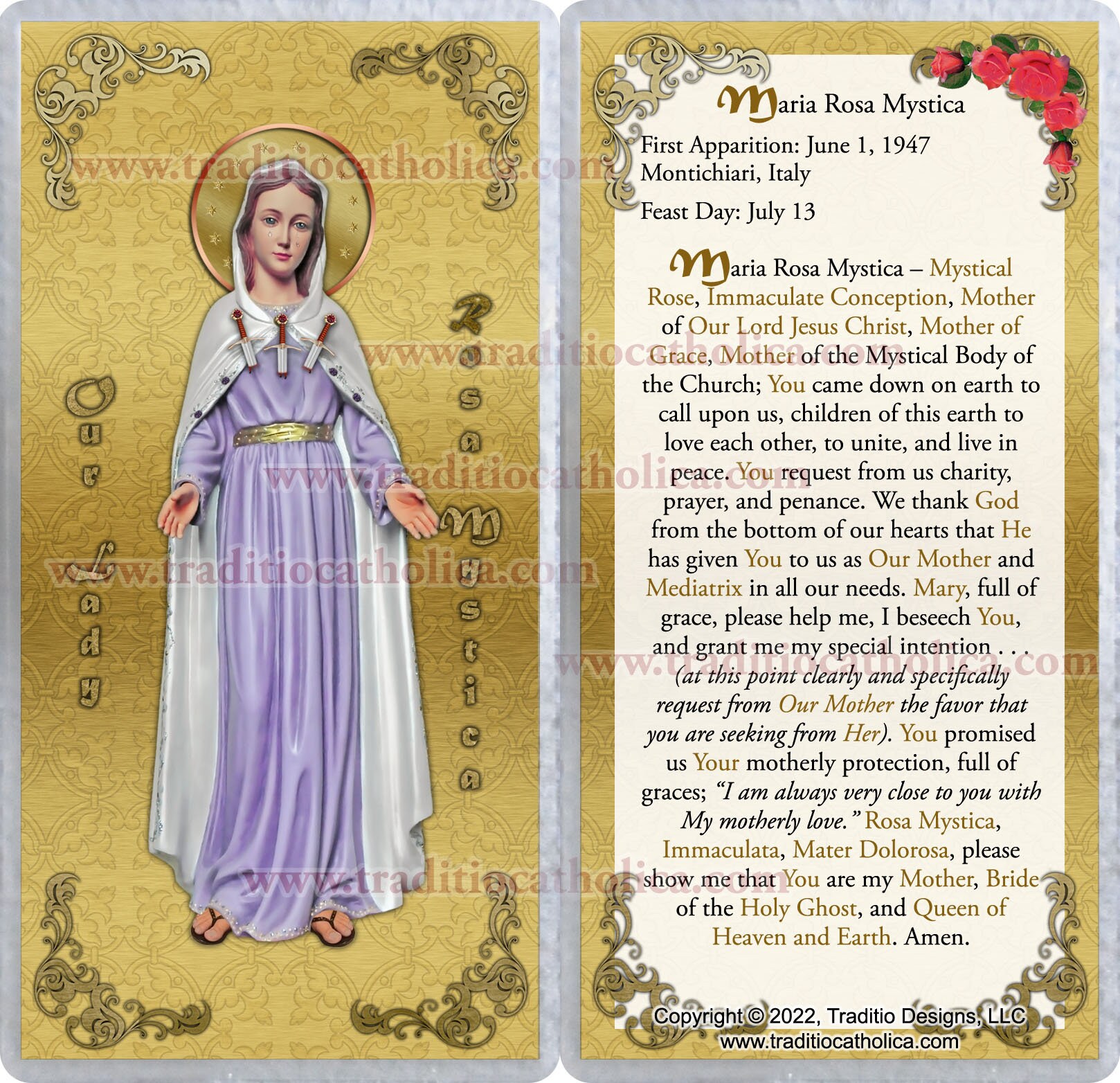 Maria Rosa Mystica Laminated Catholic Holy Cards. Mystical Rose Statue ...