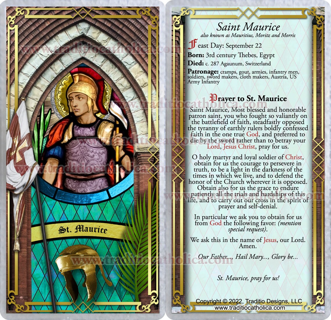 Saint St. Maurice, Patron of Soldiers, Gout, Infantry Laminated Prayer ...