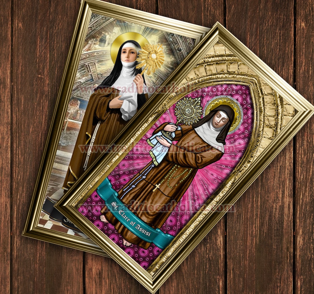 Saint St. Clare Handcrafted Stained Glass and Statue Framed Prints ...