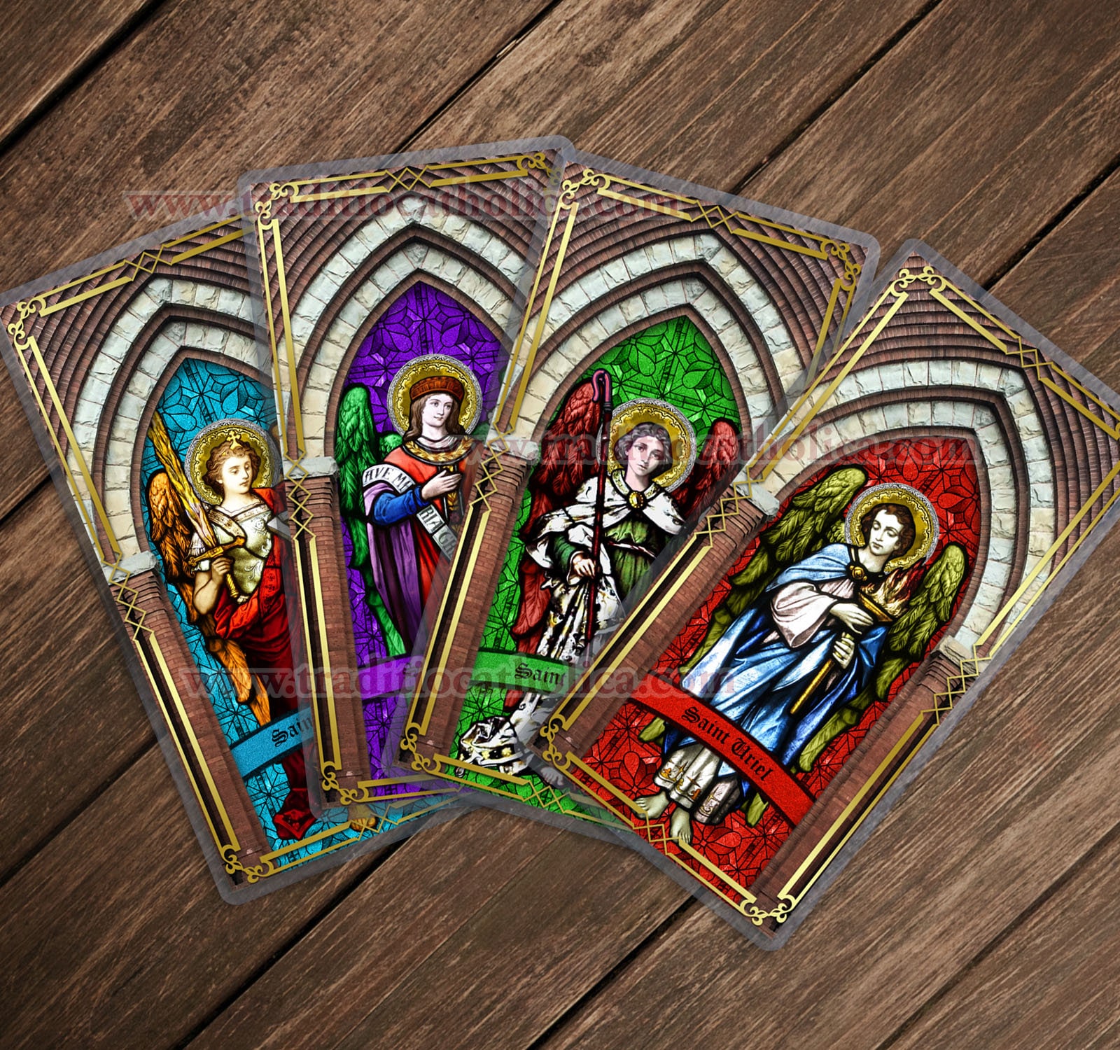 Four Archangels Stained Glass laminated Holy Prayer card set. | Etsy