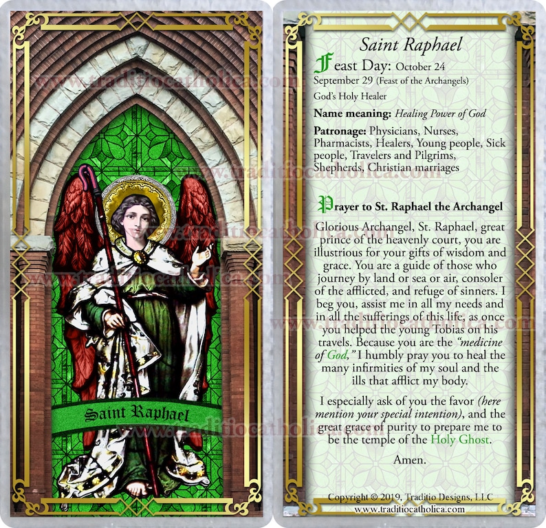 St. Saint Raphael Archangel Laminated Holy Prayer Cards. Stained Glass ...
