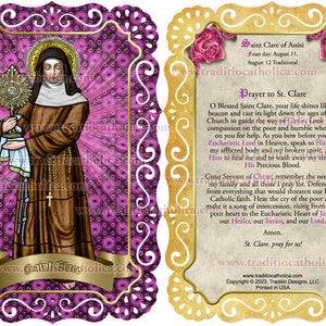 Saint Clare of Assisi, Italy Laminated Prayer Cards. St. Clare Statue ...