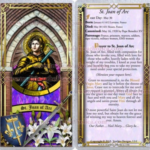 Saint Joan of Arc, France Laminated Holy Prayer Cards. St. Joan Statue ...