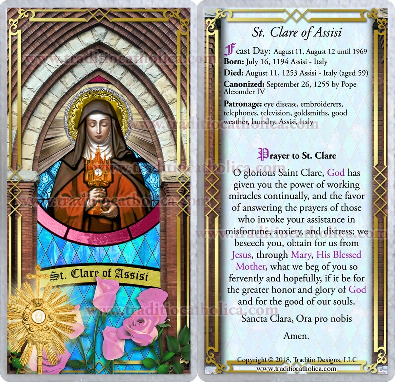 Saint Clare of Assisi Italy laminated Prayer cards. St. Clare | Etsy